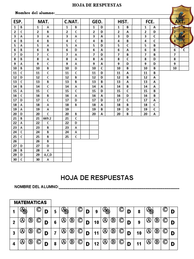 Hoja de Respuestas: Esp. Mat. C.NAT. Geo. Hist. Fce. Art | PDF