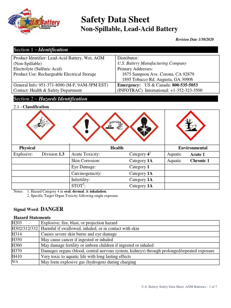 Safety Data Sheet: Non-Spillable, Lead-Acid Battery | PDF | Hazardous ...
