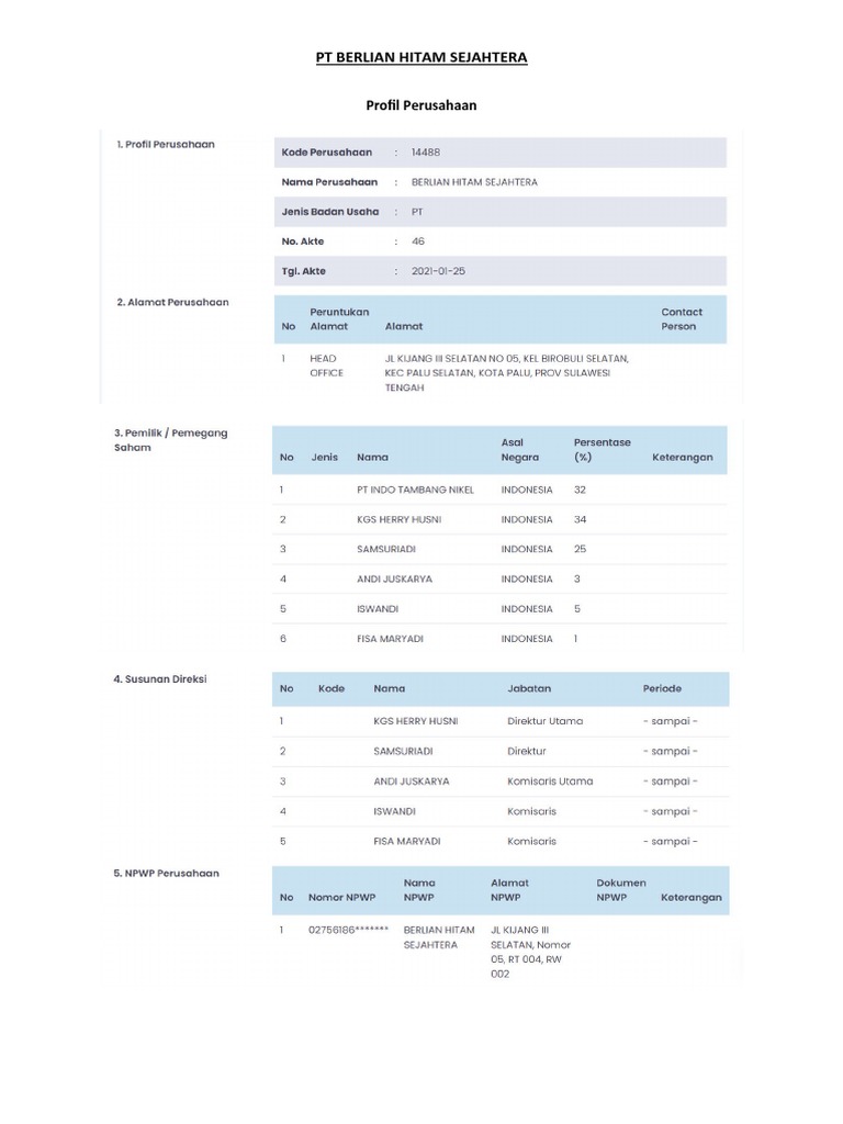 Profil PT Berlian Hitam Sejahtera | PDF
