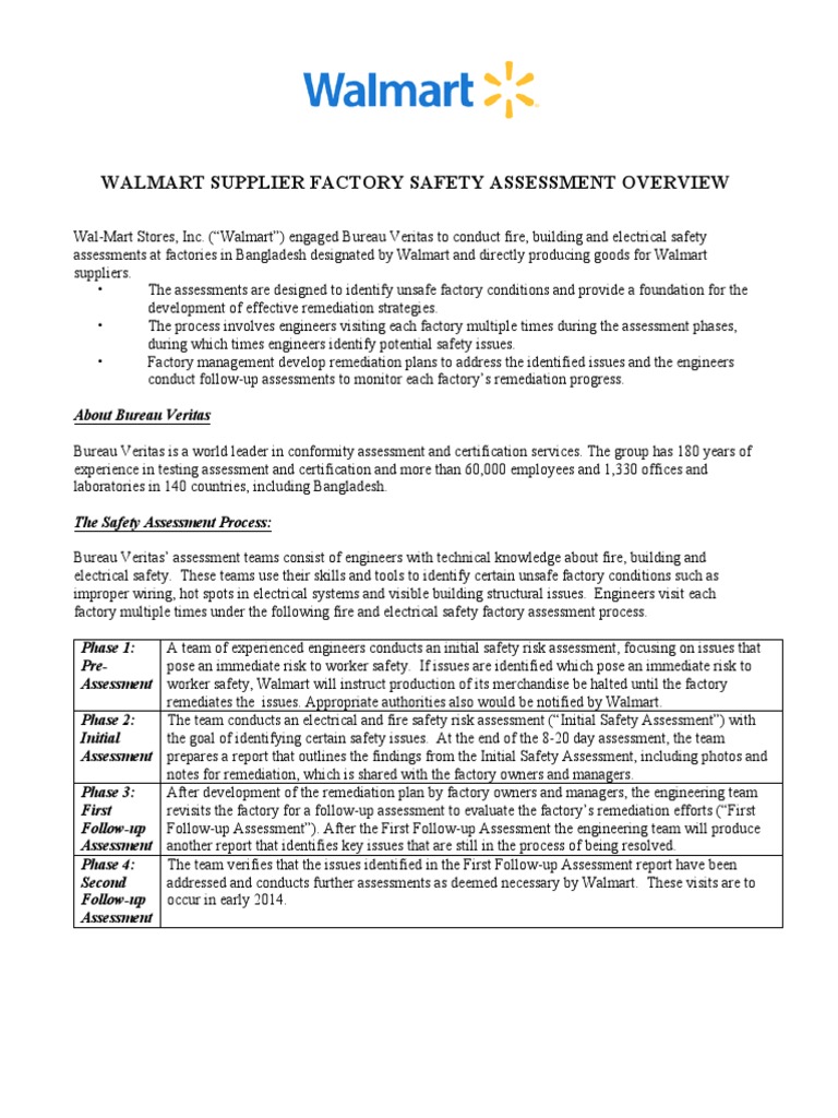 Walmart Supplier Factory Safety Assessment Overview: About Bureau ...