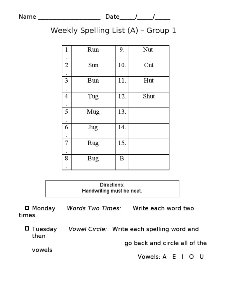 Weekly Spelling List A 5.9.11 Group1 | PDF