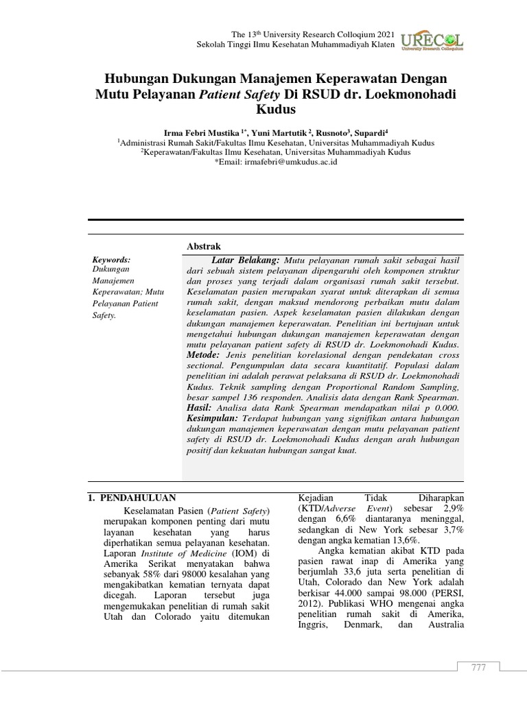 Hubungan Dukungan Manajemen Keperawatan Dengan Mutu Pelayanan Patient Safety Di RSUD Dr ...