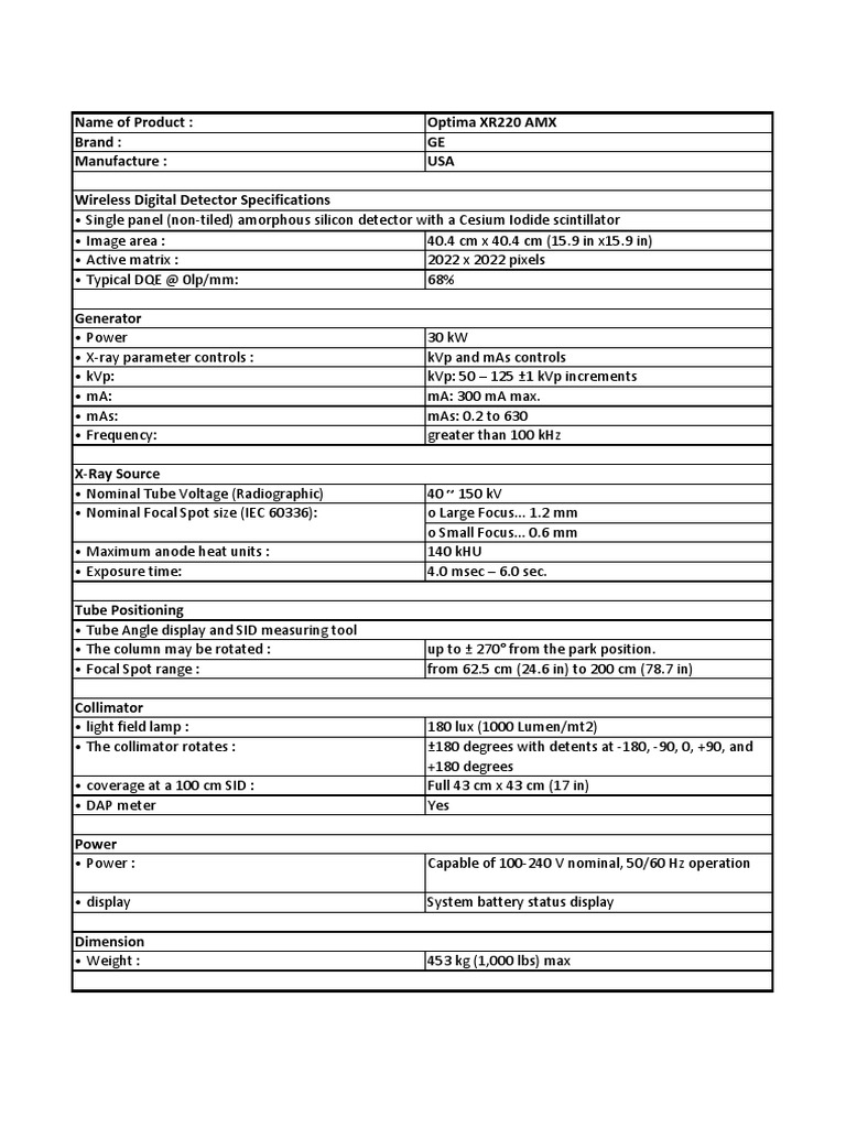 Spesifikasi GE Mobile Digital Radiographic System | PDF