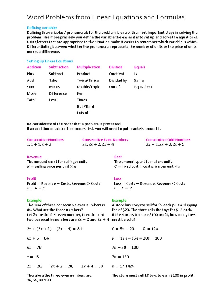 Word Problems From Linear Equations and Formulas | PDF | Equations ...
