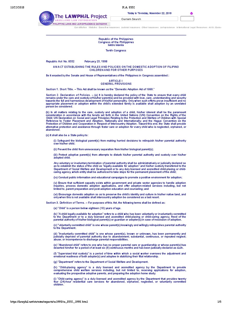 Domestic Adoption Act of 1998 Overview | PDF | Adoption | Legal Guardian