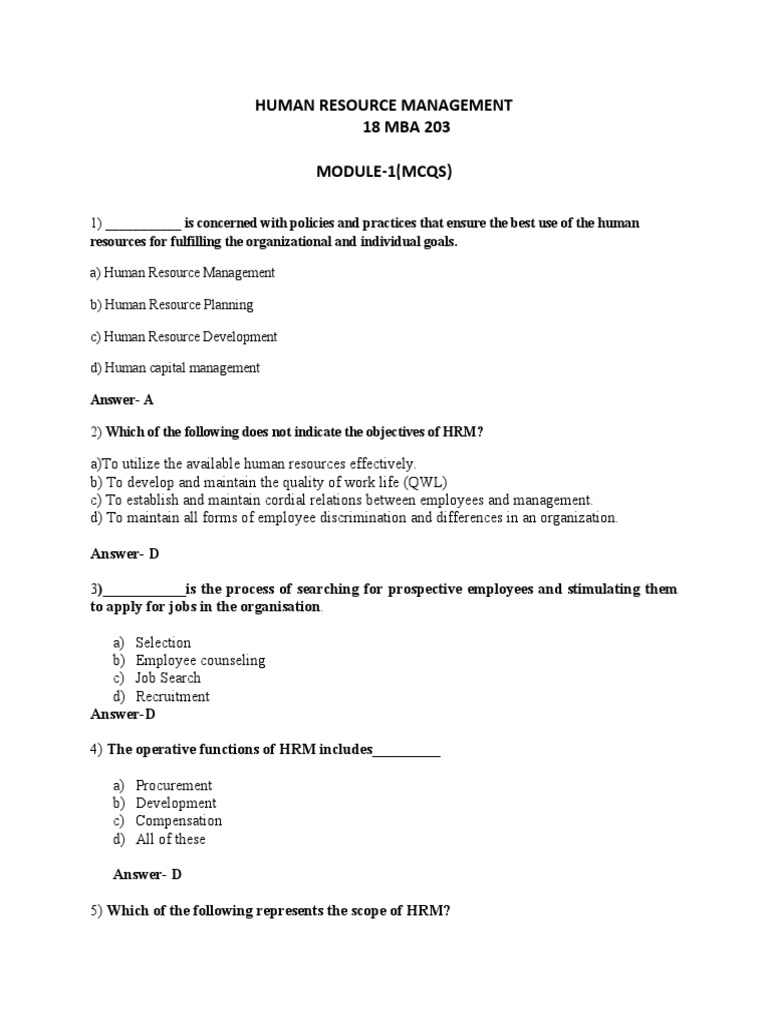 HRM Module 1 MCQs | PDF | Human Resource Management | Human Resources