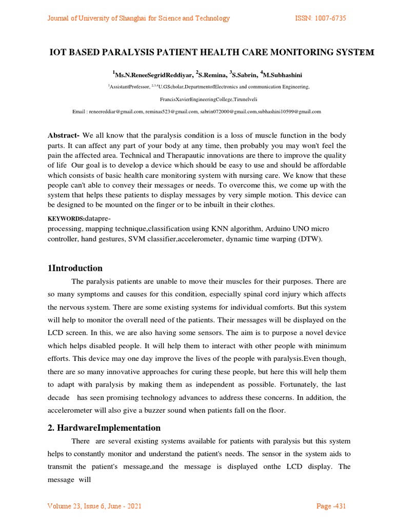 IOT Based Paralysis Patient Health Care Monitoring System | PDF ...