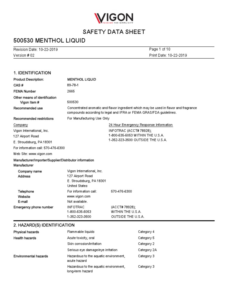 Menthol Liquid Safety Data Sheet: 1. Identification | PDF | Dangerous ...