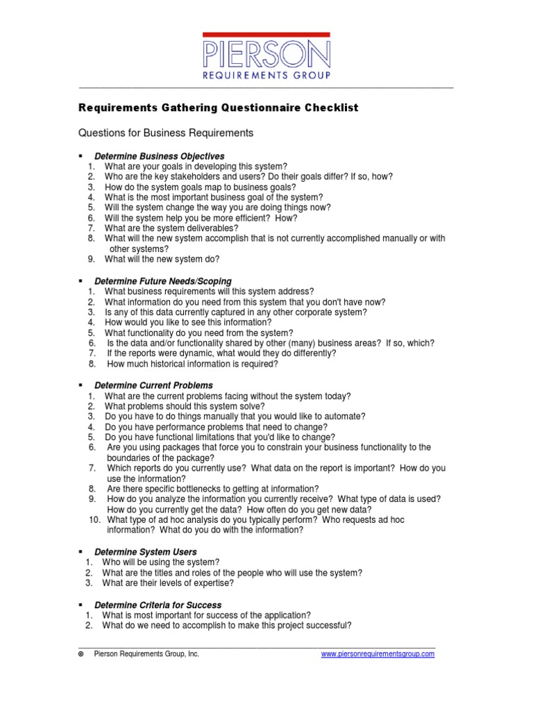 Requirements Gathering Questionnaire Checklist | PDF | System | Information