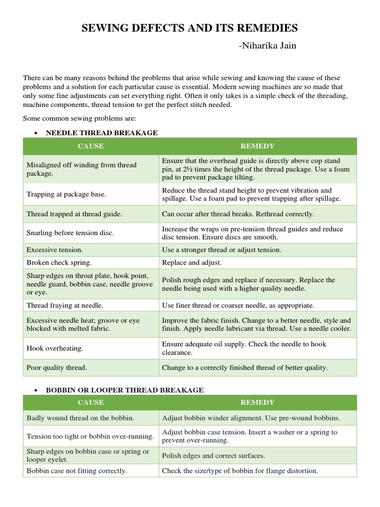 Sewing Defects and Its Remedies | PDF | Sewing Machine | Manufactured Goods