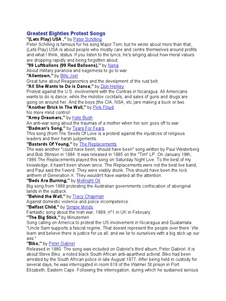 Top Protest Songs of the 1980s | PDF