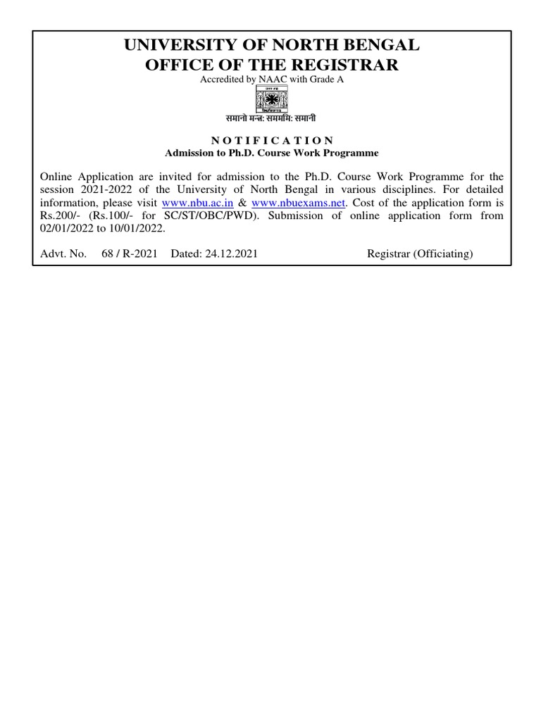 University Of North Bengal Office Of The Registrar Www Nbu Ac In