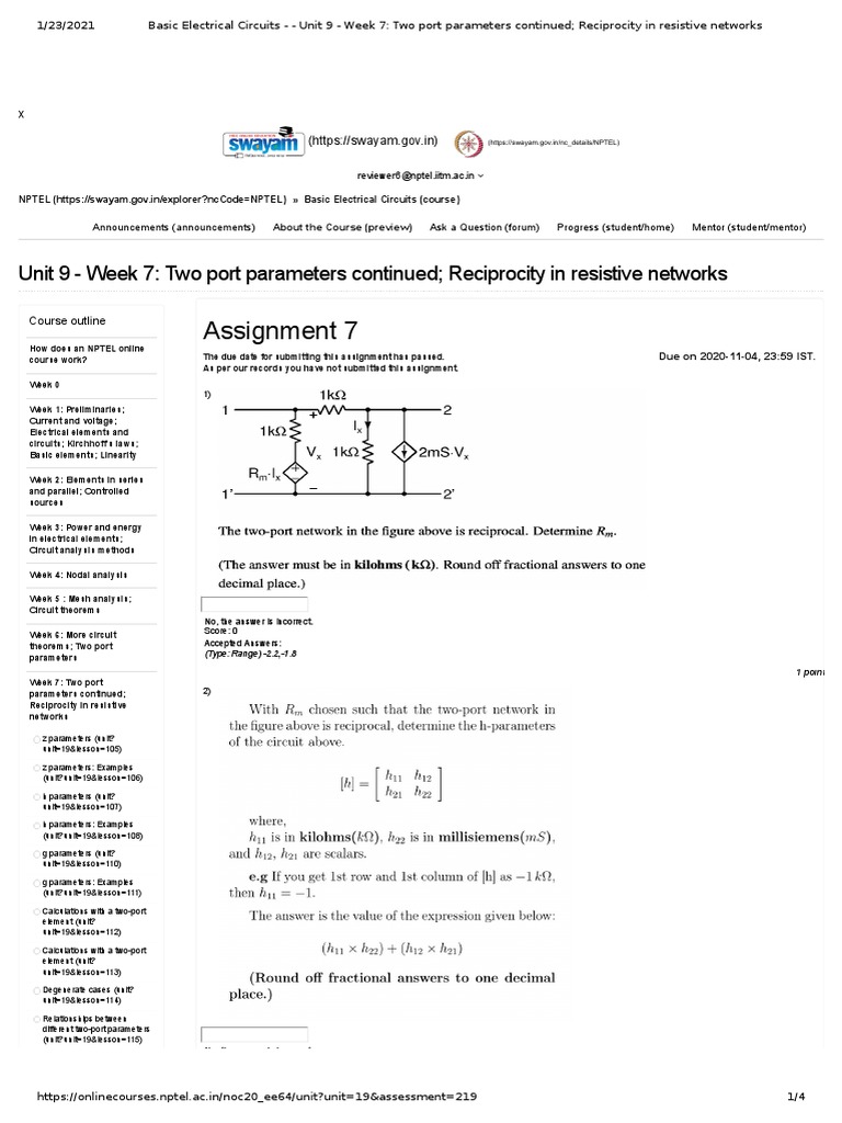 Assignment 7: Unit 9 - Week 7: Two Port Parameters Continued Reciprocity in Resistive Networks ...