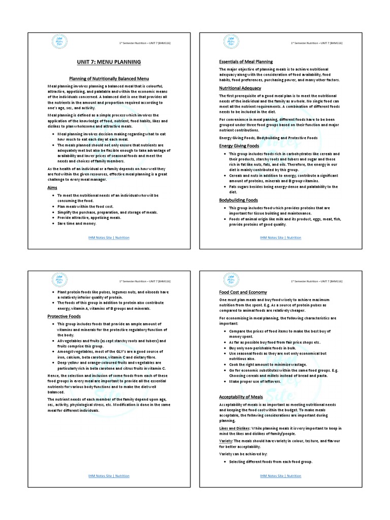 Unit 7: Menu Planning: Essentials of Meal Planning | PDF | Foods | Meal