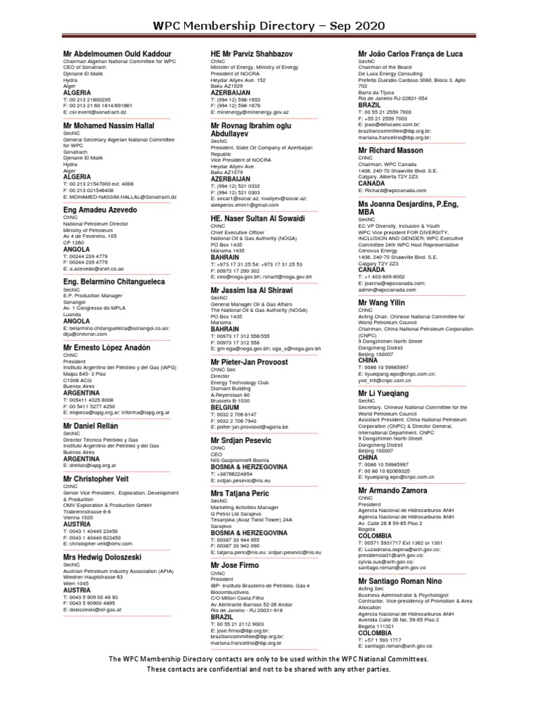 WPC Membership Directory - September 2020 | PDF | Hydrocarbons | Petroleum