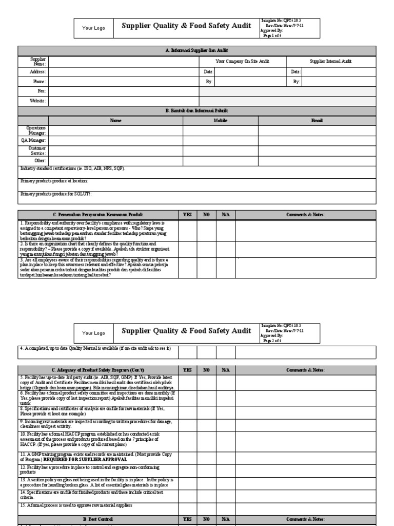 Supplier Quality & Food Safety Audit Template | PDF | Pallet | Foods