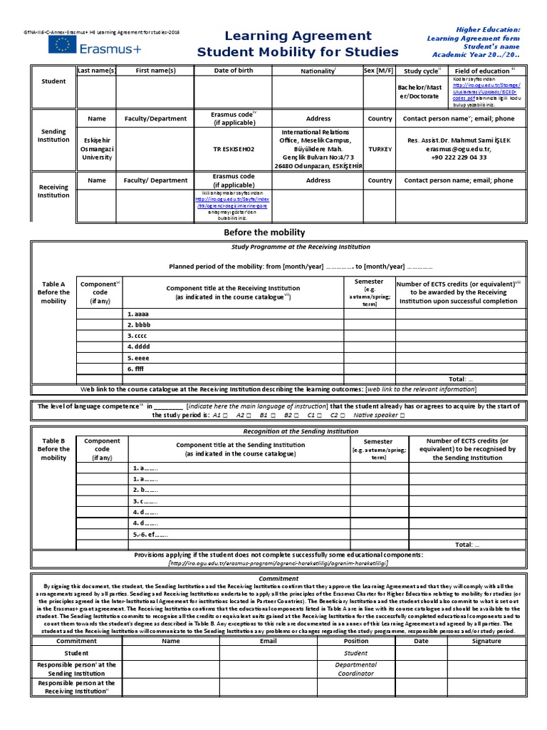 Learning Agreement Student Mobility For Studies | PDF | Academic Degree ...