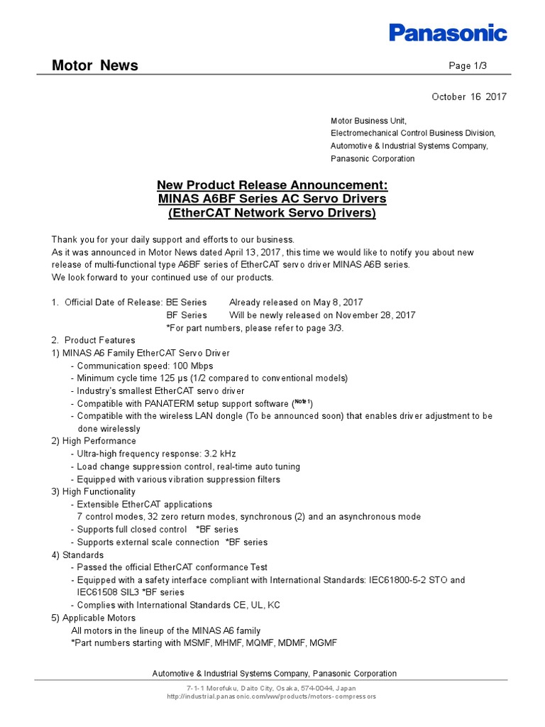 Motor News: New Product Release Announcement: Minas A6Bf Series Ac ...
