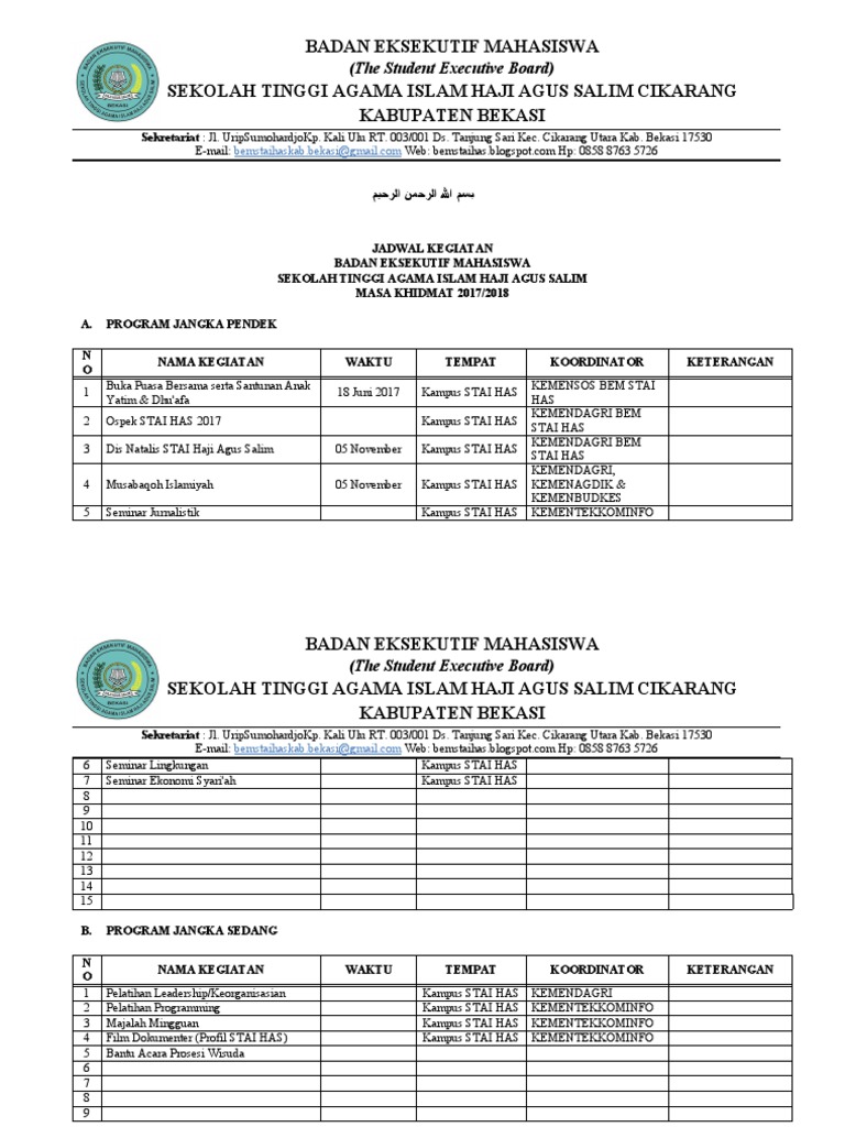 Jadwal Kegiatan & Program Kerja BEM STAI HAS 2017-2018 | PDF