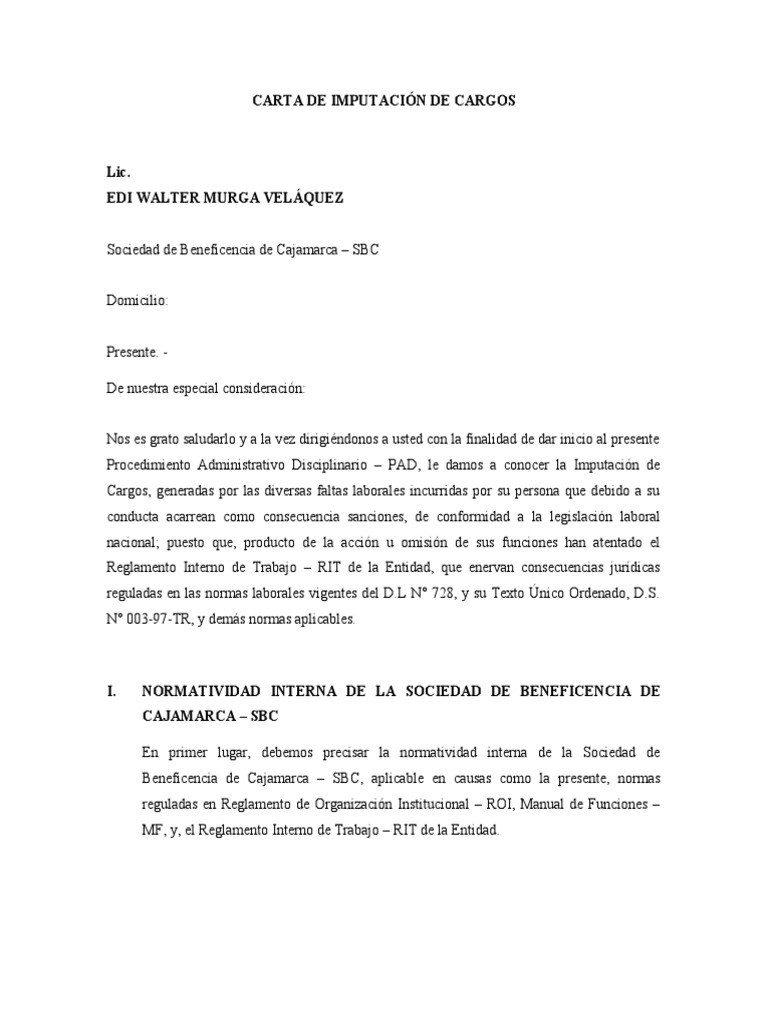 Carta de Imputación de Cargos | PDF | Presupuesto | Regulación