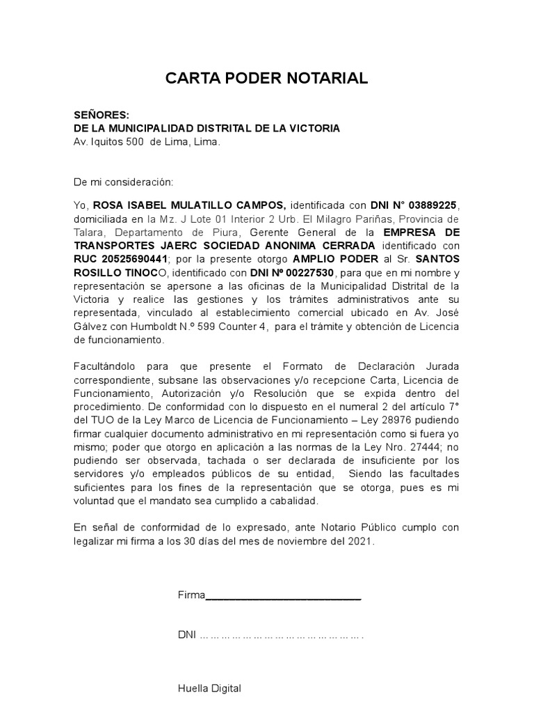 Carta Poder Notarial Municipalidad | PDF