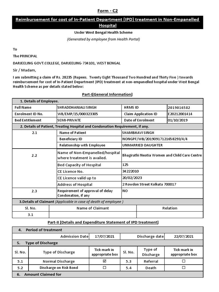 Reimbursement Claim Form for IPD Treatment of an Employee's Daughter at ...