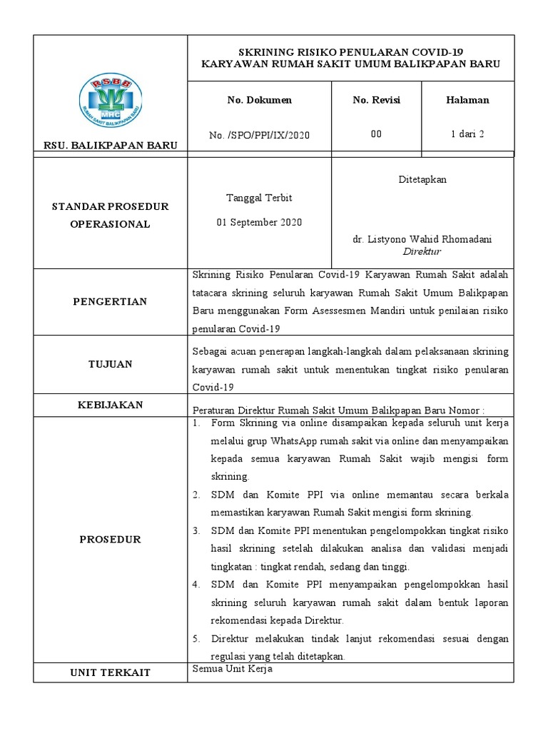 Spo Skrining Risiko Penularan Covid-19 Karyawan Rsubb | PDF | Sains ...