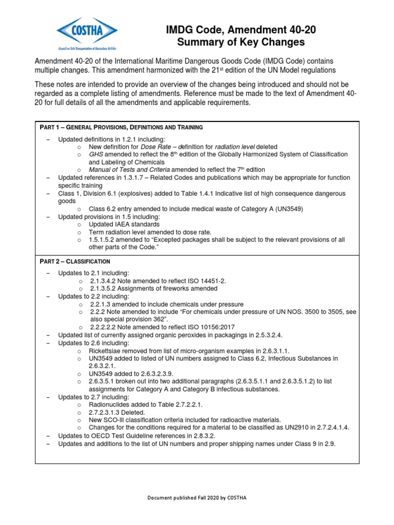 COSTHA IMDG Code 40-20 Amendement - Summary of Key Changes | PDF