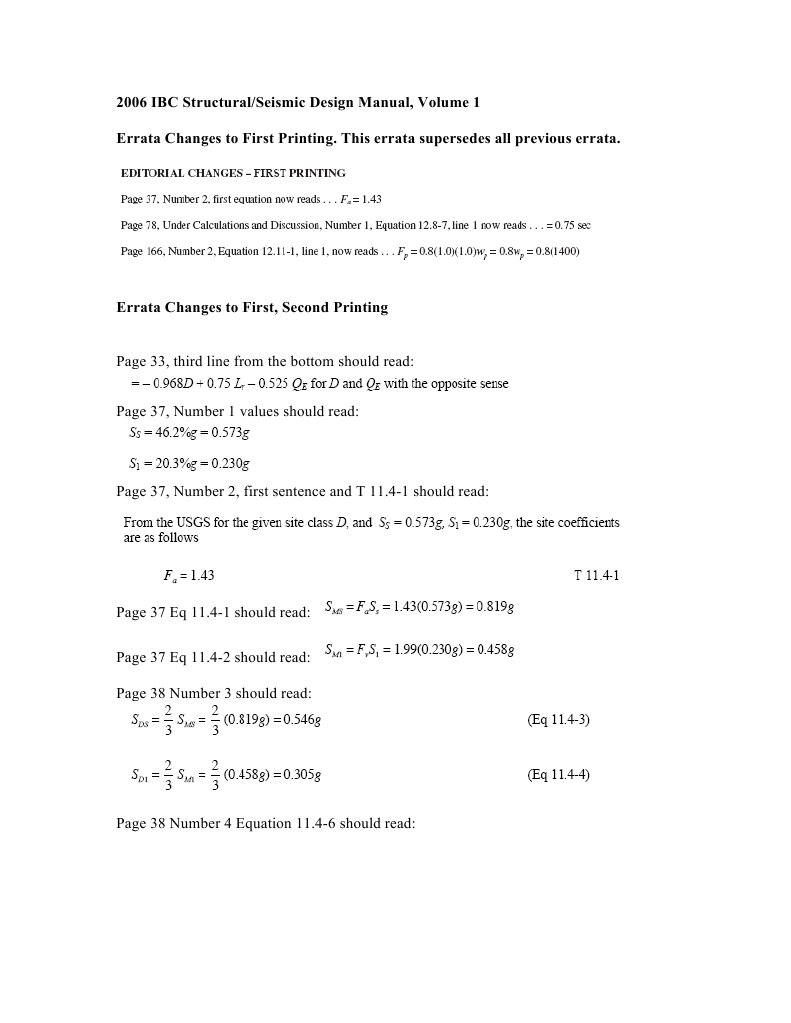 2006 IBC Structural/Seismic Design Manual, Volume 1 Errata Changes To First Printing. This ...