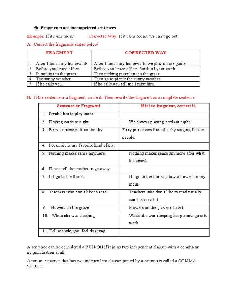 Correcting Sentence Fragments and Run-ons | PDF | Language Arts ...