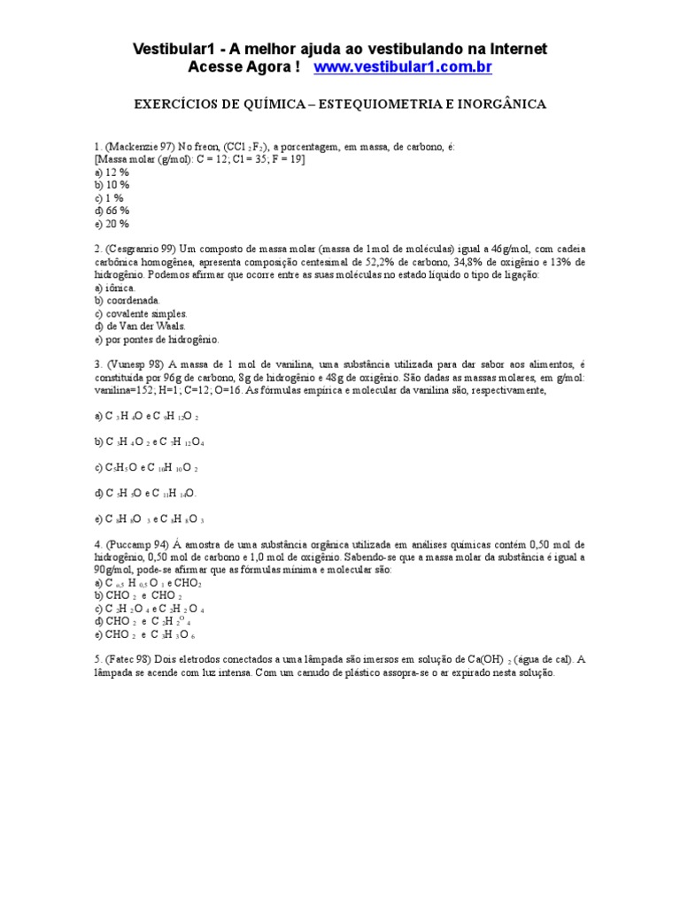 Exercicios Estequio Inorganica | PDF | Cloro | Carbono