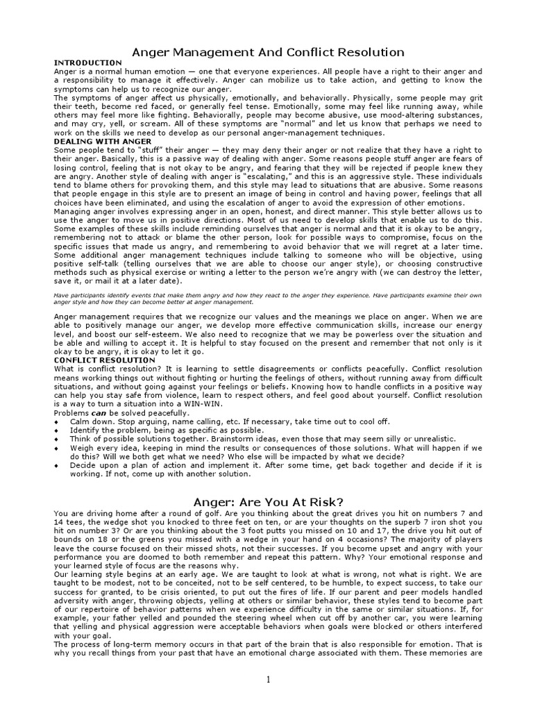 Anger Management and Conflict Resolution | PDF | Anger | Conflict ...