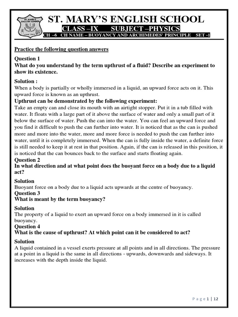 Study Material, Class - 9, Physics, CH-6, PDF | PDF | Buoyancy | Density