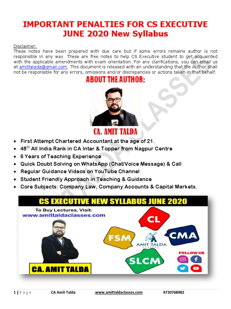 Important Penalties For Cs Executive JUNE 2020 New Syllabus: About The Author | PDF | Regulatory ...