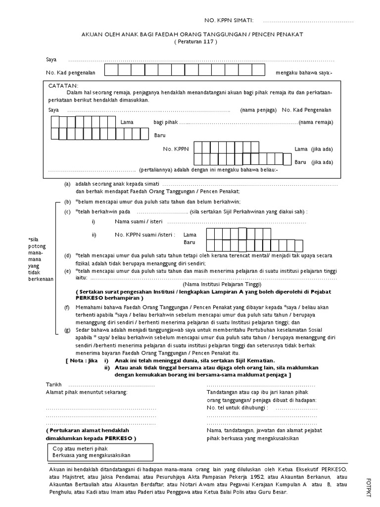Akuan Oleh Anak Bagi Faedah Orang Tanggungan Pencen Penakat | PDF