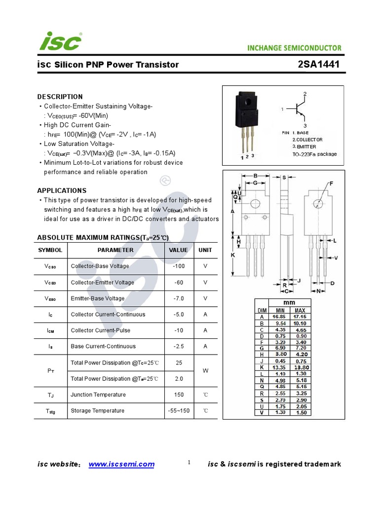 Isc 2SA1441: Silicon PNP Power Transistor | PDF | Bipolar Junction ...