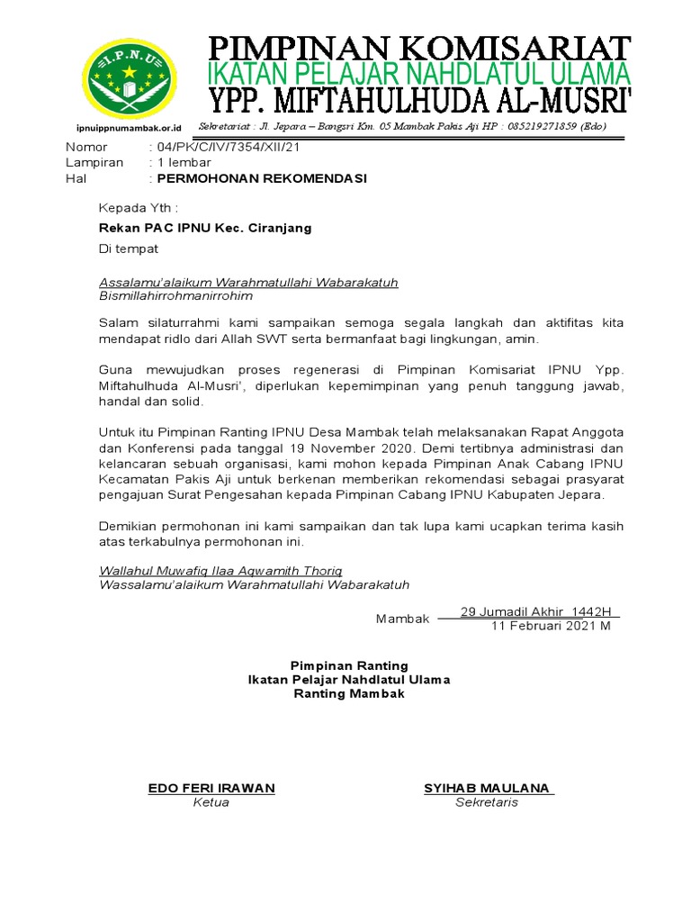 IPNU - Surat Permohonan Rekomendasi PAC IPNU Pakis Aji | PDF