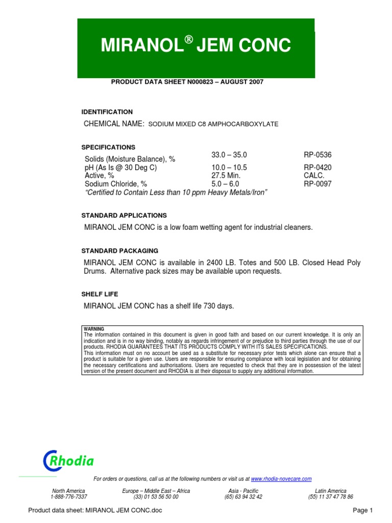 Miranol Jem Conc: Product Data Sheet N000823 - August 2007 | PDF ...