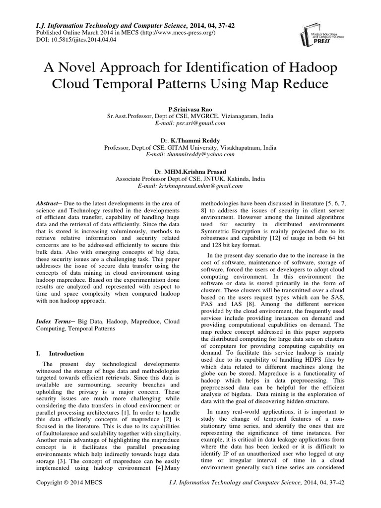 A Novel Approach For Identification of Hadoop Cloud Temporal Patterns Using Map Reduce | PDF ...