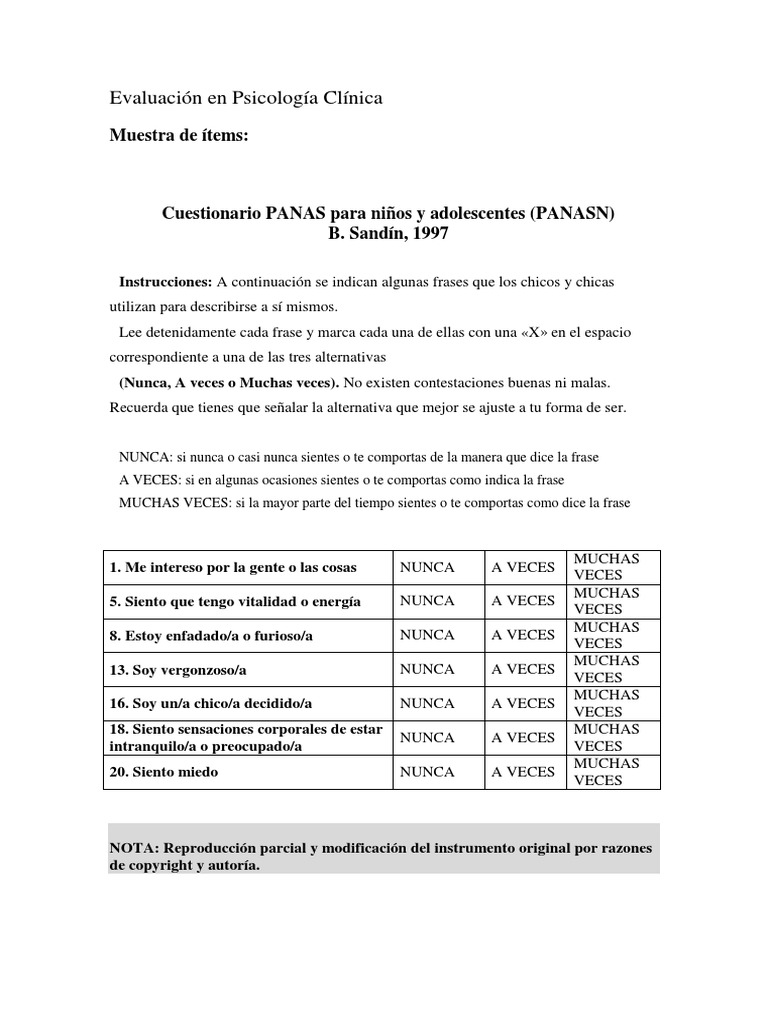 PANAS-ni Os y Adolescentes Modificado | PDF