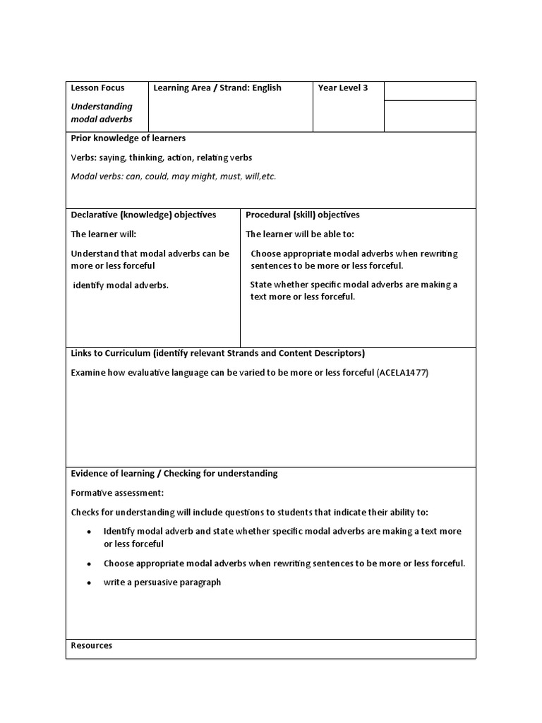 Modal Adverb Lesson Plan | PDF | Learning | Adverb
