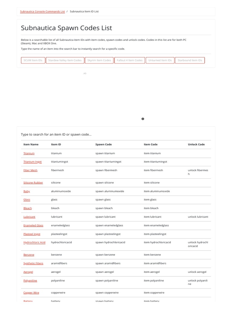 Subnautica Item ID List With Spawn Codes - Subnautica Commands | Download Free PDF | Spawn (Biology)