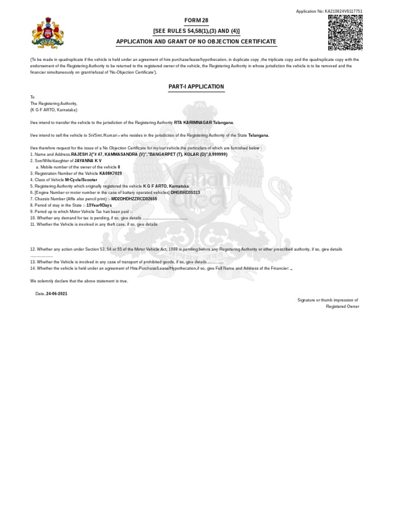 Form 28 (SEE RULES 54,58 (1), (3) AND (4) ) Application and Grant of No ...