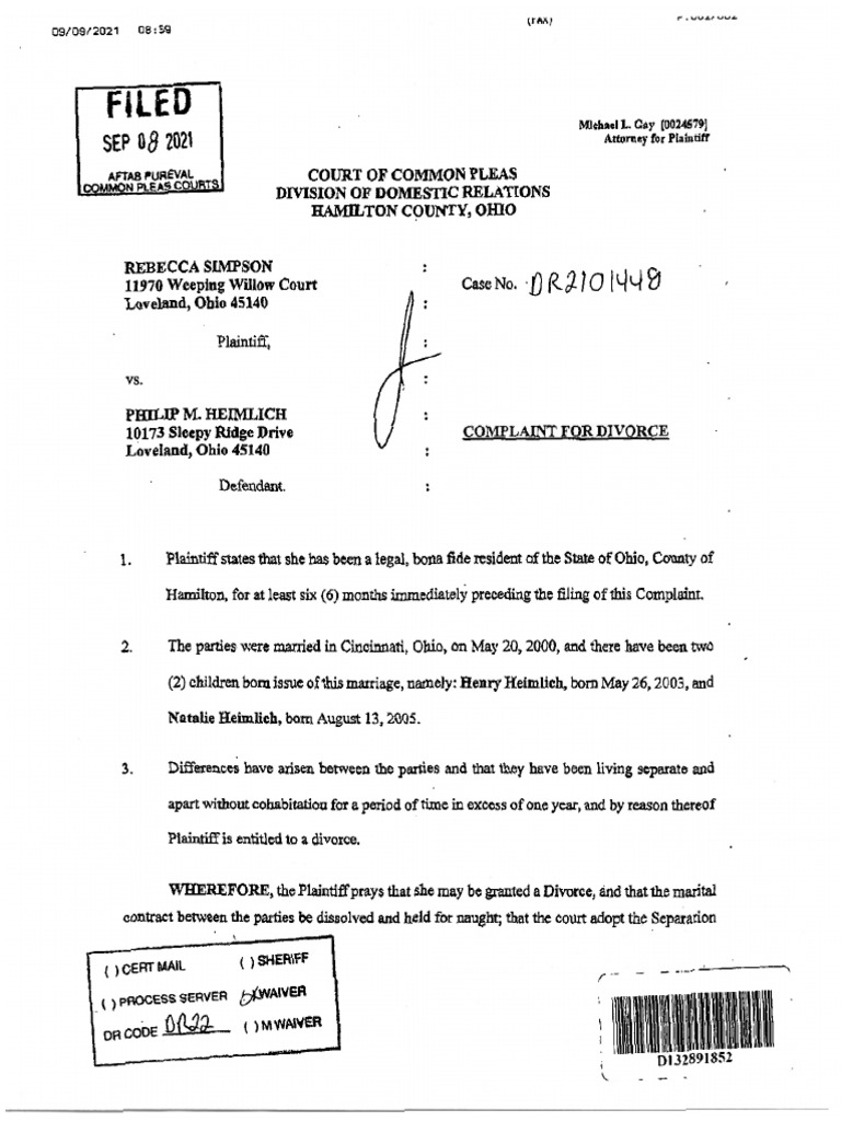 Rebecca Simpson v. Phil Heimlich 9/8/21 Divorce Complaint and 11/29/21 Final Decree | PDF ...