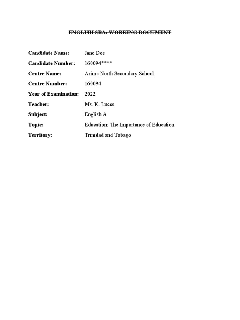 English SBA SAMPLE MSKL | PDF | Reading Comprehension | Thought