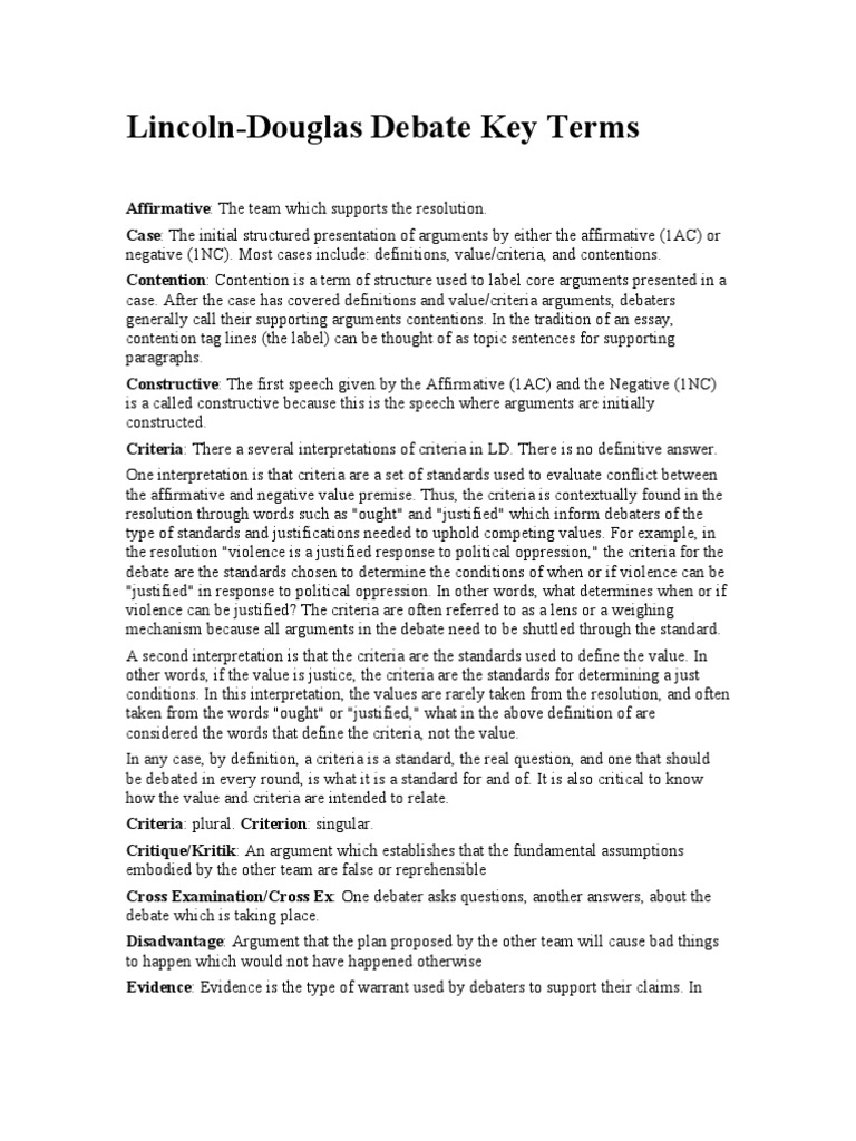 Lincoln Douglas Debate Key Terms | PDF | Argument | Cognitive Science