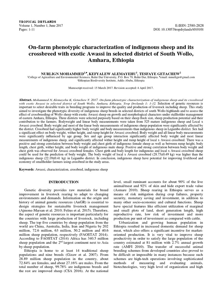 On-Farm Phenotypic Characterization of Indigenous Sheep and Its Crossbreed With Exotic Awassi in ...