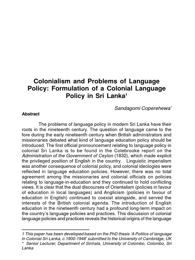 Colonialism and Problems of Language Policy: Formulation of A Colonial ...