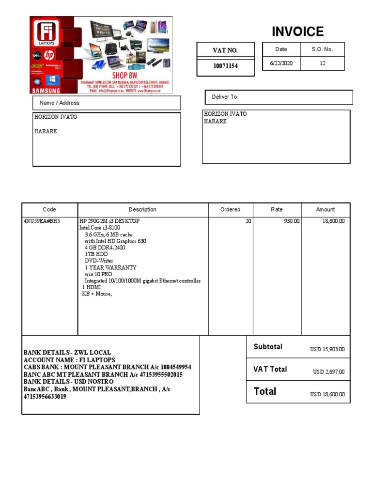 Invoice Ord 12 From Fi Laptops 9162 | PDF