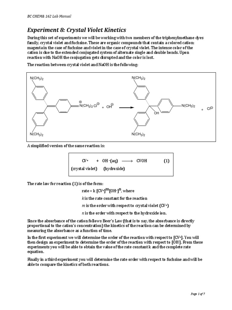 Experiment 8: Crystal Violet Kinetics: BC CHEM& 162 Lab Manual | PDF ...